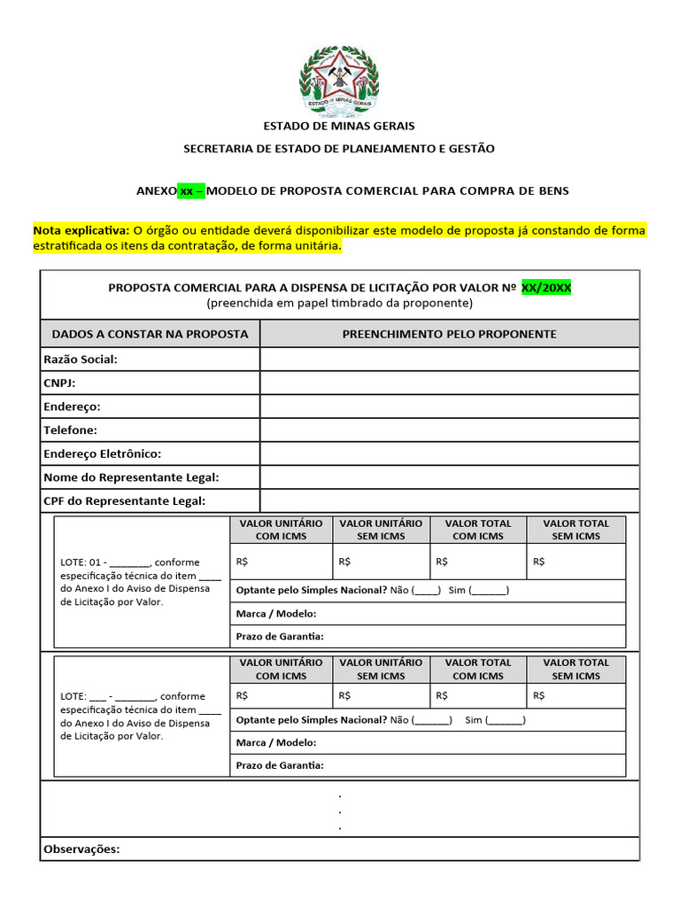 31 Modelo Proposta Comercial Cotep Compra de Bens Lei 14133 v1 2024 ...