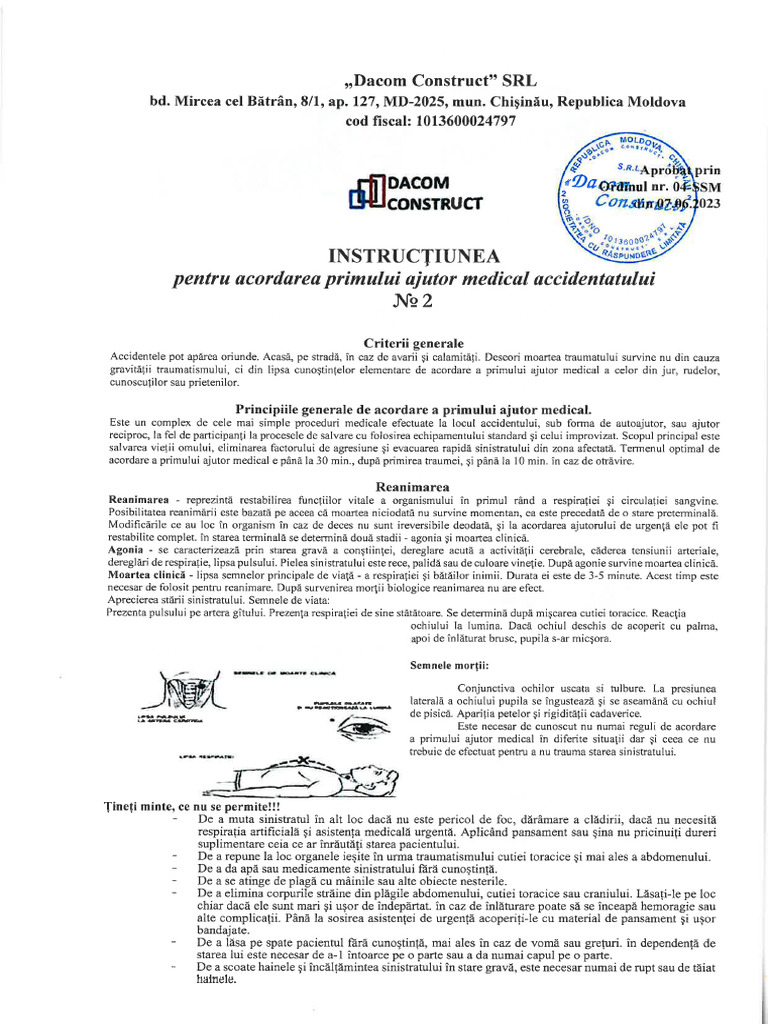 9 2 Instructiunea Ssm Acord Prim Ajutor Medical Dacons | PDF