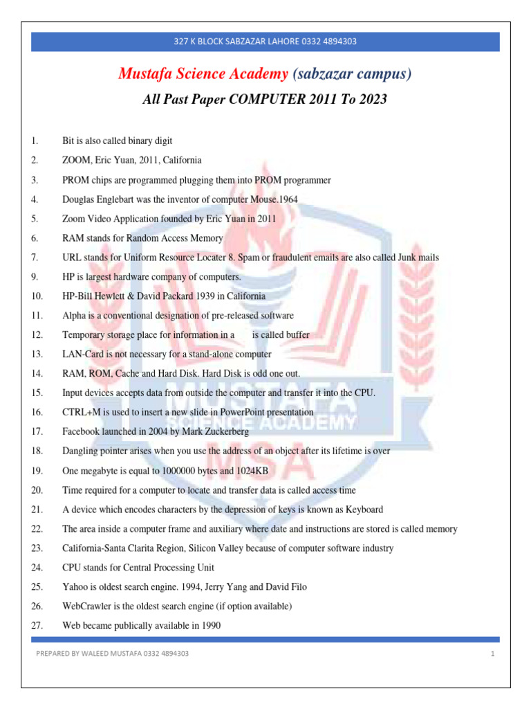11th Computer Past Paper Mcqs 2011-2023 | PDF | Microsoft Word ...