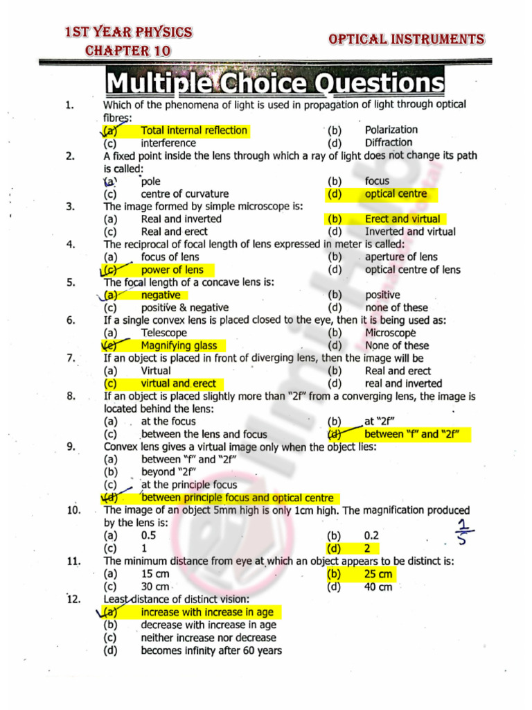 CH 10 Optical Instruments Mcqs | PDF | Technology & Engineering