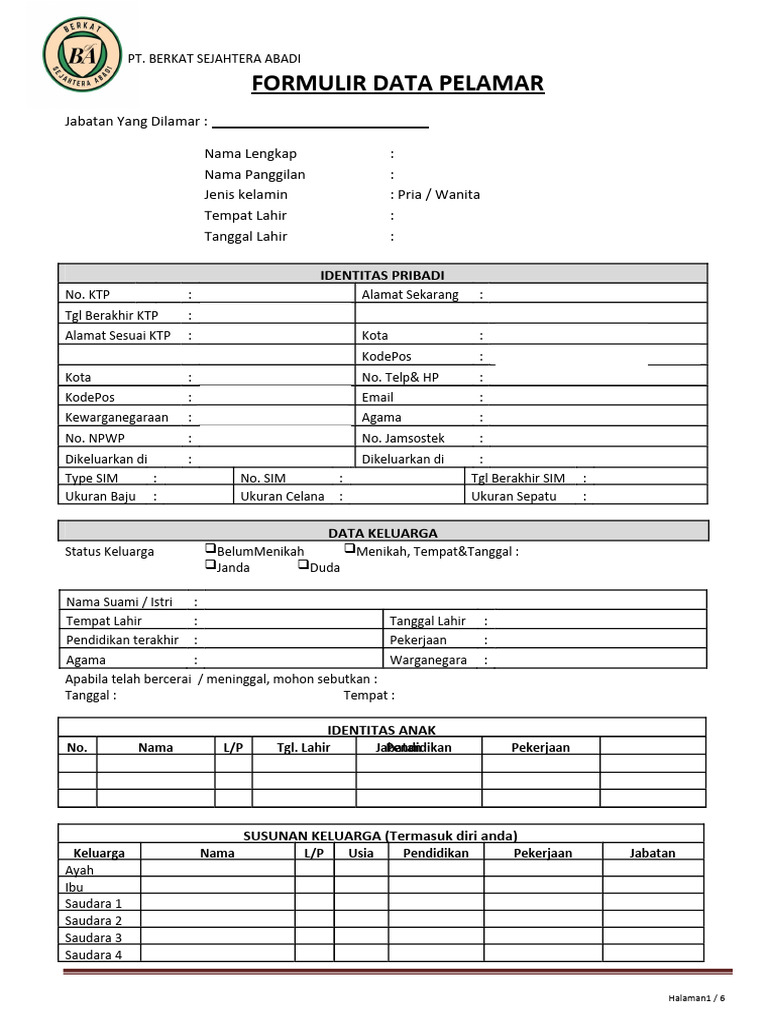 Formulir Data Pelamar | PDF