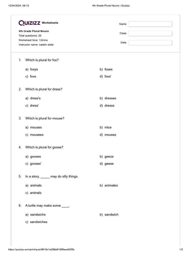 4th Grade Plural Nouns - Quizizz | PDF | Plural | Goose