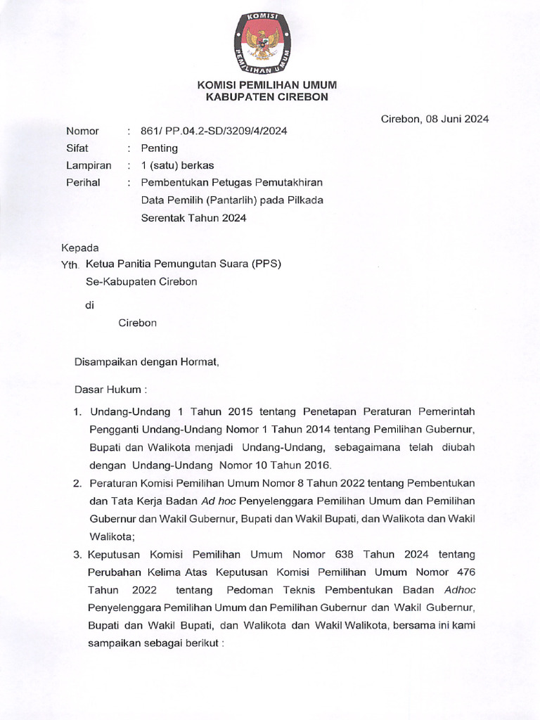 Surat Pembentukan Pantarlih Pilkada Serentak Tahun 2024 (Yth. Ketua PPS Se-Kabupaten Cirebon) | PDF