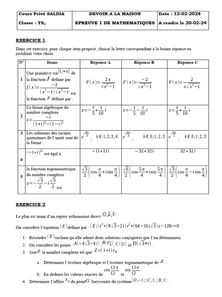 Maths TS2 | PDF | Nombre complexe | Mathématiques