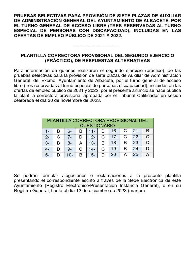 Plantilla Provisional Segundo Ejerc Auxiliares - PDF Albacete | PDF | Finanzas y administración ...
