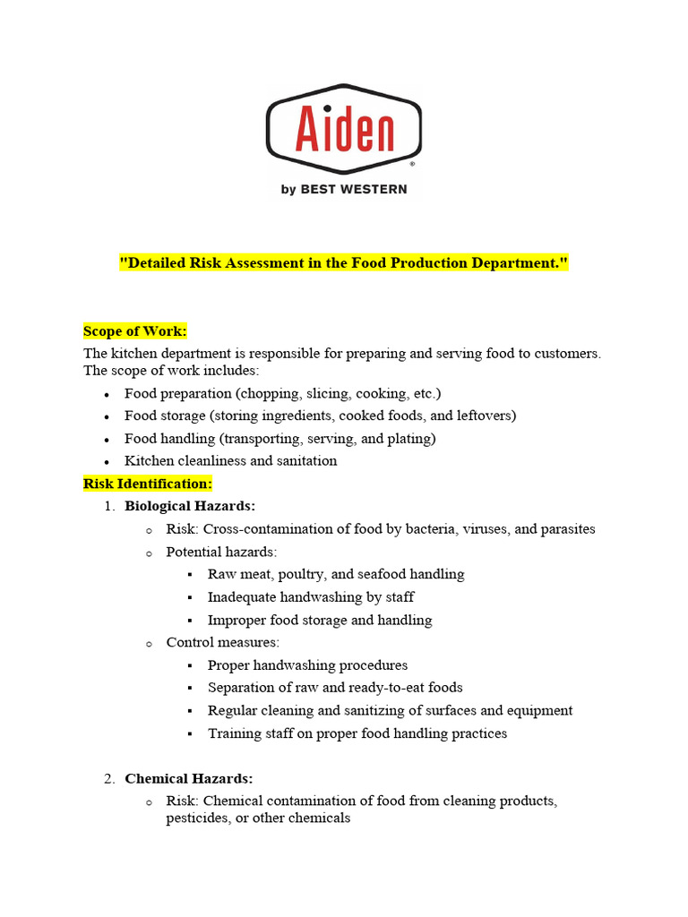 Detailed Risk Assessment in The Food Production Department | Download ...