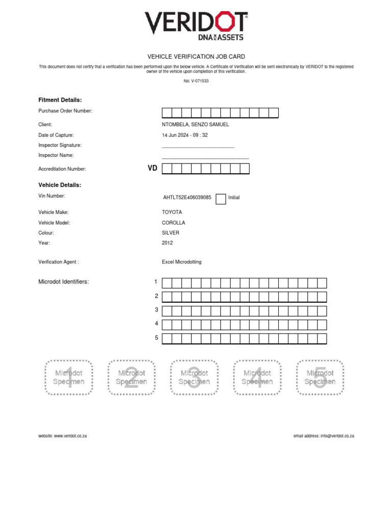 Vehicle Verification Job Card: Fitment Details | PDF