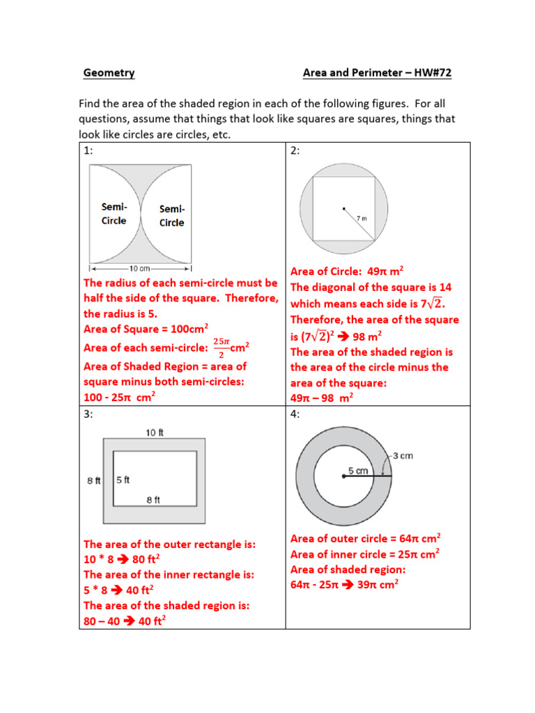 Geometry Homework: Shaded Areas | PDF | Area | Circle