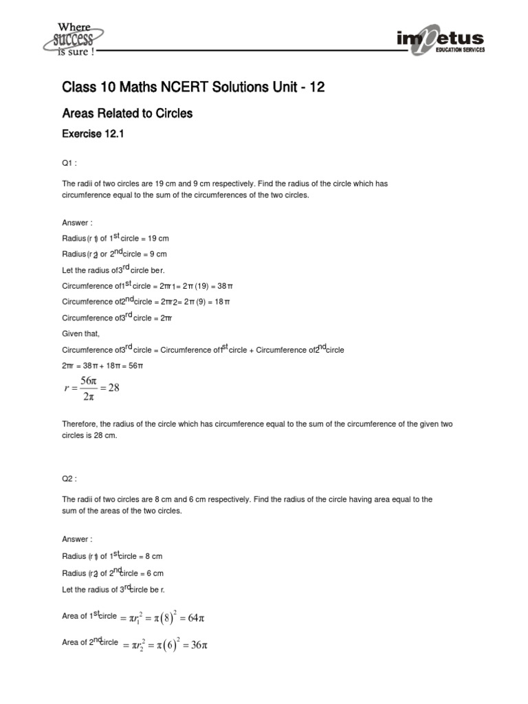 Chapter 12 Areas Related To Circles | PDF | Area | Circle