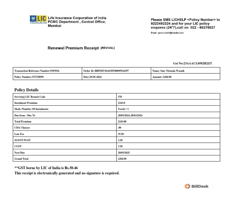 LIC Policy Payment Receipt Details | PDF | Finance & Money Management