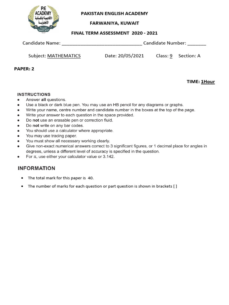 Class 9 Final TermMaths Q.P 20-21 | PDF