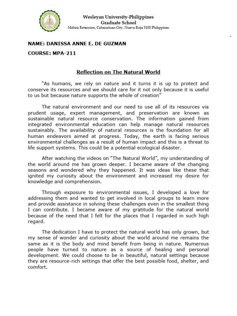 De Guzman Danissa Anne E. - MPA 211 - Reflection On The Natural World ...