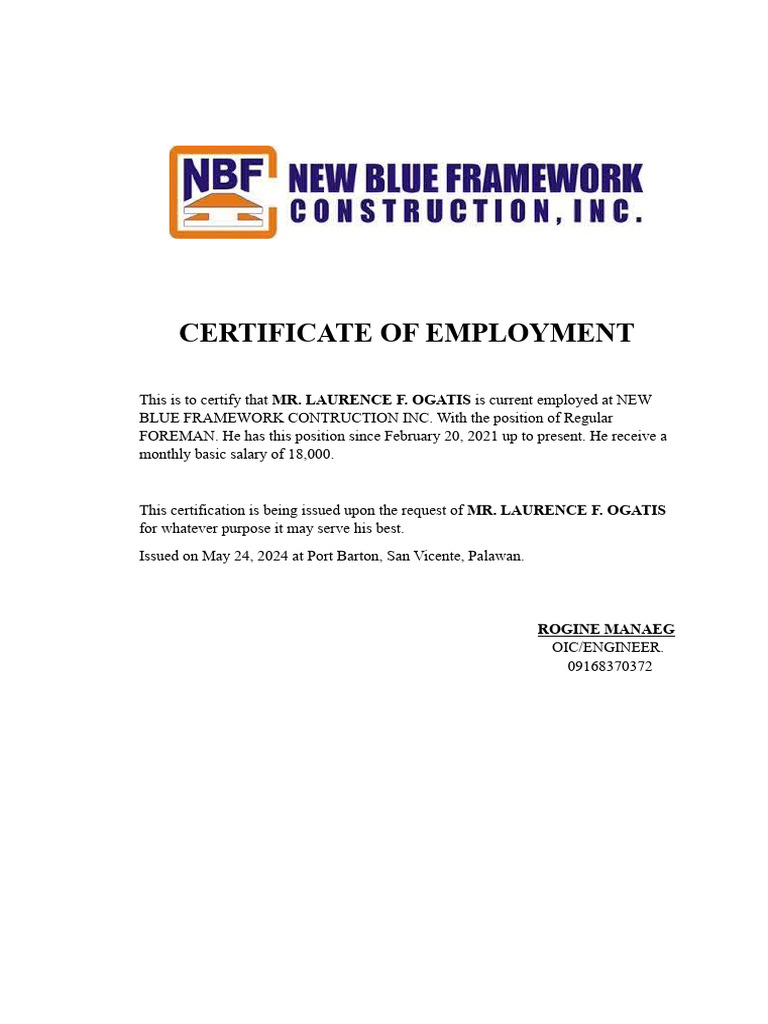 Certifacate of Employment Blue Framework Construction Inc. | PDF