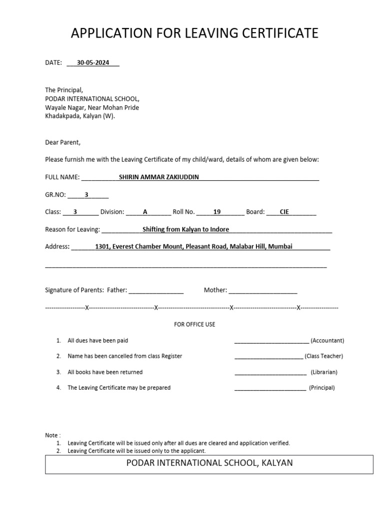 APPLICATION FOR LEAVING CERTIFICATE New | PDF
