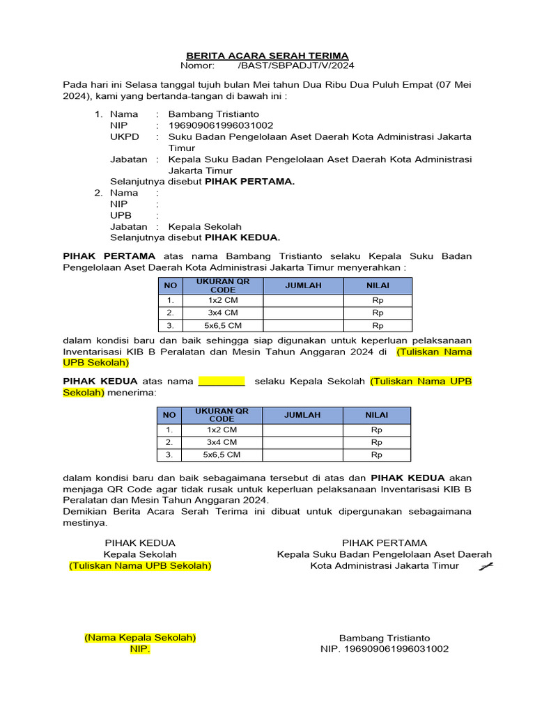 Draft BAST QR CODE (Tulis Nama Sekolah) | PDF