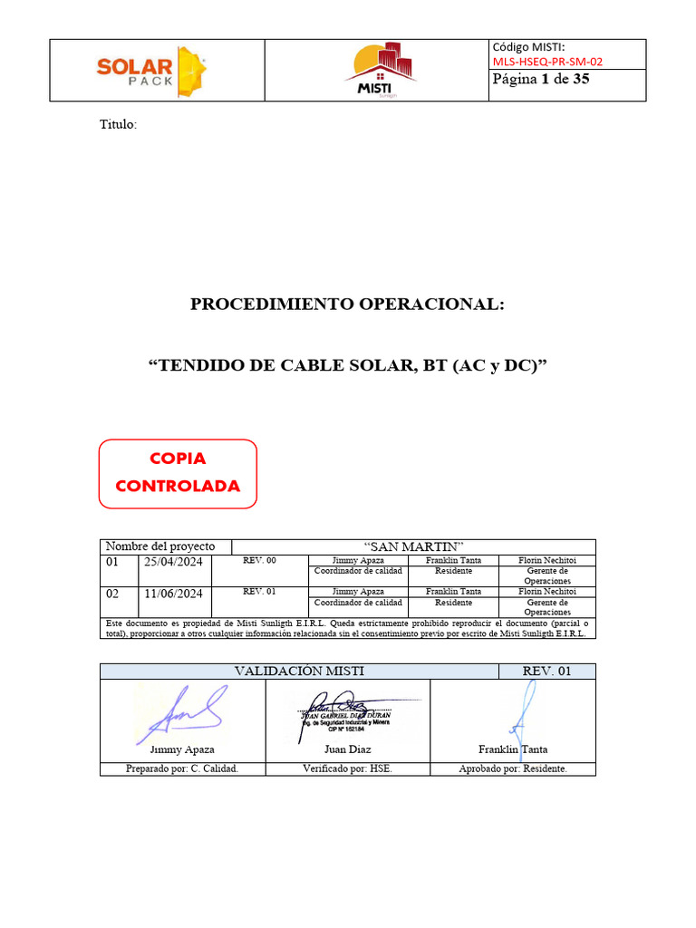 MLS-HSEQ-PR-SM-02 Version 1 - Tendido de Cable Solar, BT AC y DC | PDF | Calidad (comercial ...