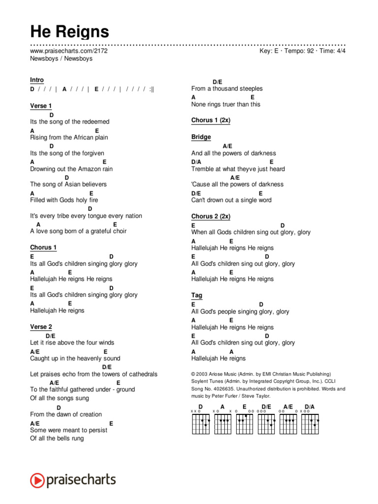 He Reigns (Newsboys) Chord Chart - E - 2 Column Layout | Download Free ...