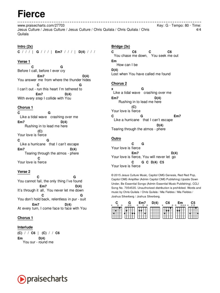 Fierce (Jesus Cultur...) Chord Chart - G - 2 Column Layout | Download ...