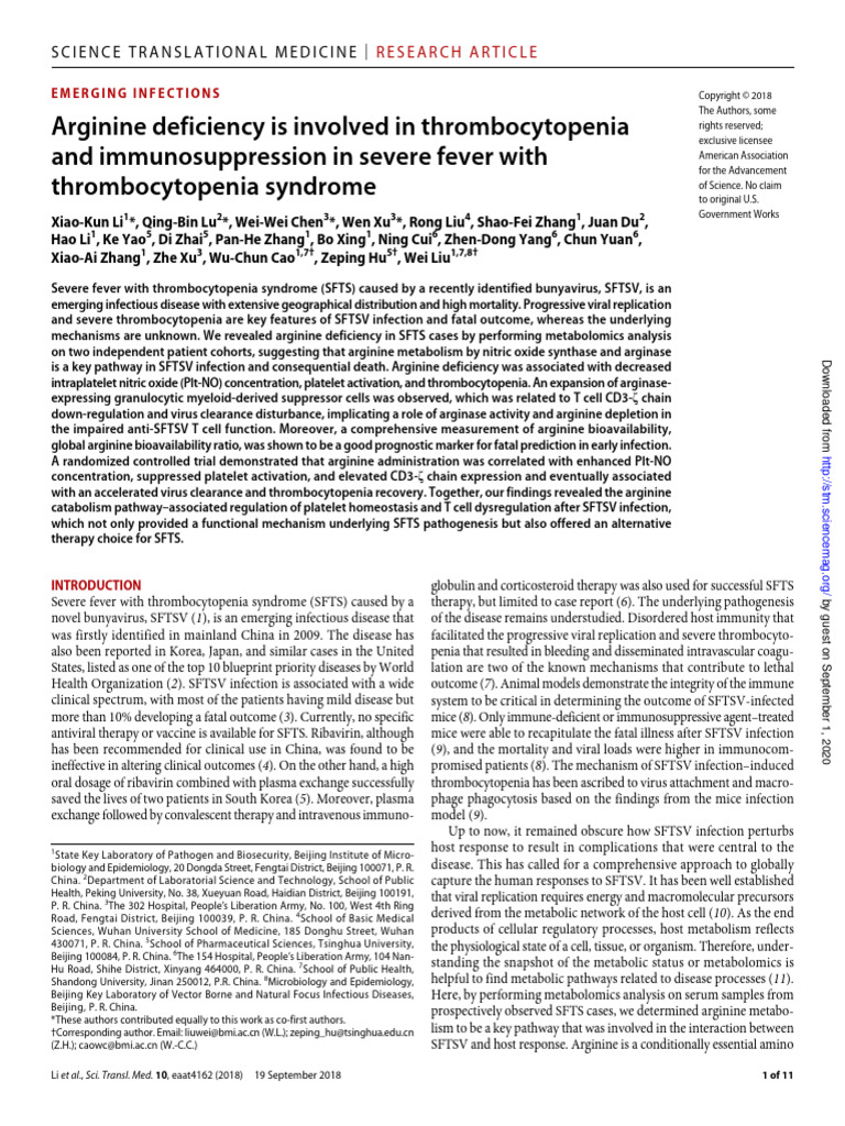 Trombocytopenia Syndrome and Imunosupresan | PDF | Infection | Metabolomics
