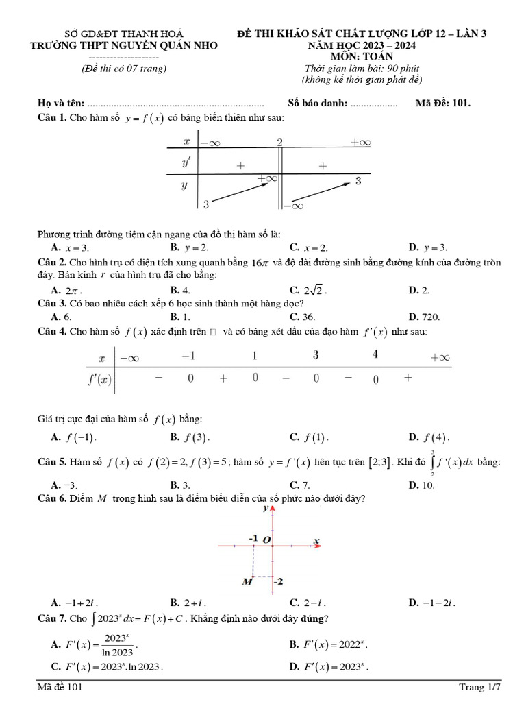 De Thi KSCL Toan 12 Lan 3 Nam 2023 2024 Truong THPT Nguyen Quan Nho Thanh Hoa | PDF