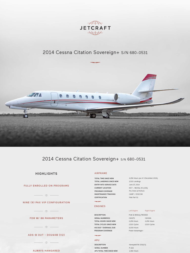 2014 Cessna Citation Sovereign+ sn 680-0531 - Available through ...