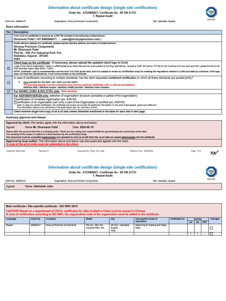 Single Site Print Order Certificate | PDF | Iso 9000 | International ...
