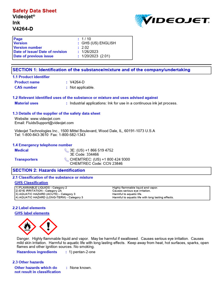 Videojet Ink: Safety Data Sheet | PDF | Toxicity | Hazards