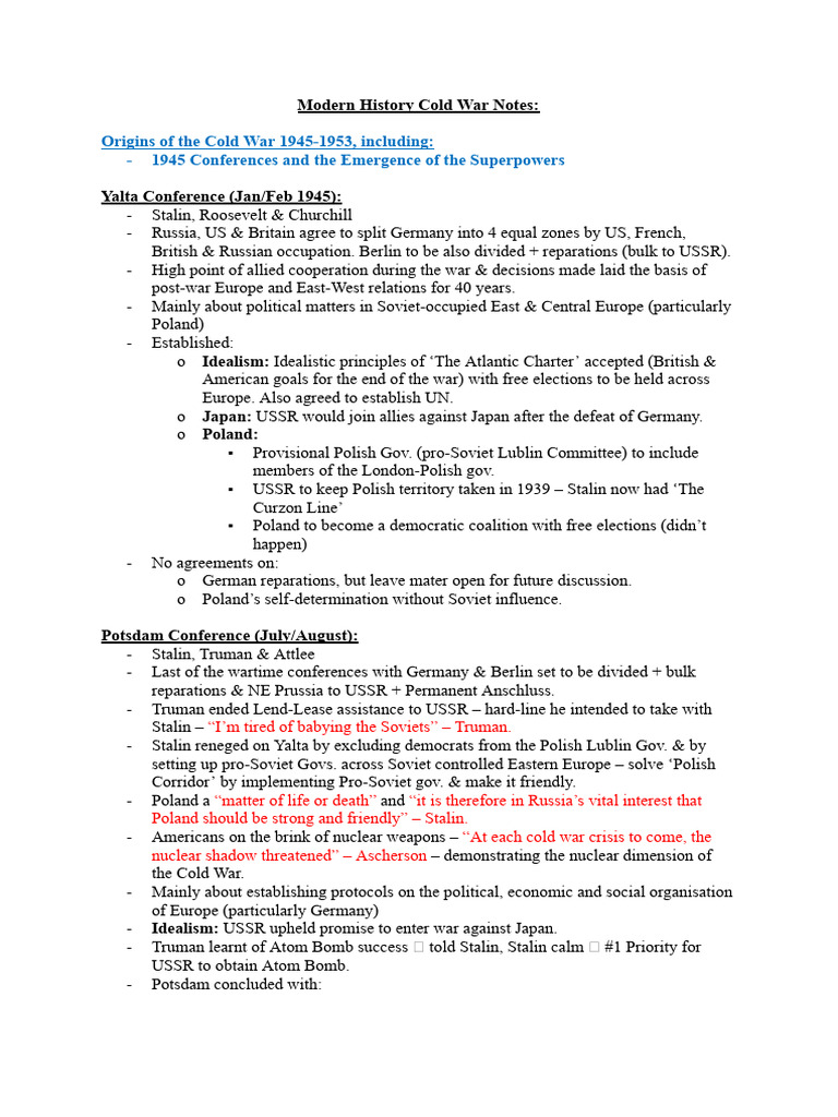 Modern History Cold War Notes | PDF | Cold War | Containment