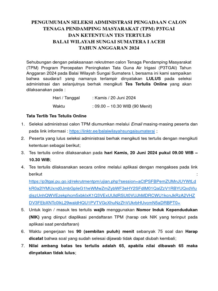 Pengumuman Tes Tertulis TPM P3TGAI 2024 | PDF