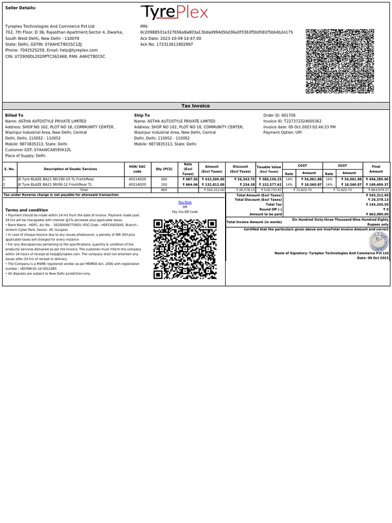 Tax Invoice: 1 JK Tyre BLAZE BA21 90/100-10 TL Front/Rear 40114020 2 JK Tyre BLAZE BA21 90/90-12 ...