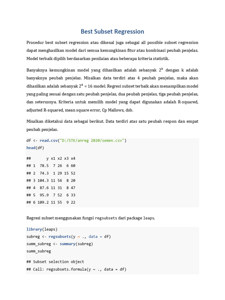 Regresi Subset Terbaik: Analisis Model | PDF | Metode & Bahan Ajar