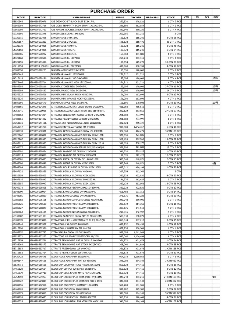 Purchase Order: Pcode Barcode Nama Barang Harga Inc PPN Hrga Bru Stock ...
