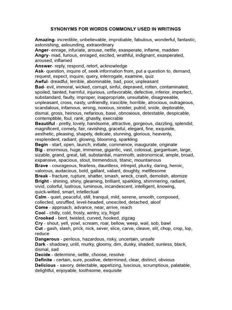 Synonyms For Words Commonly Used in Writings | PDF | Emotions