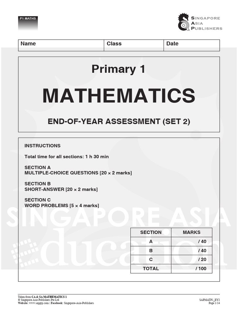 Primary 1 Mathematics Assessment | PDF