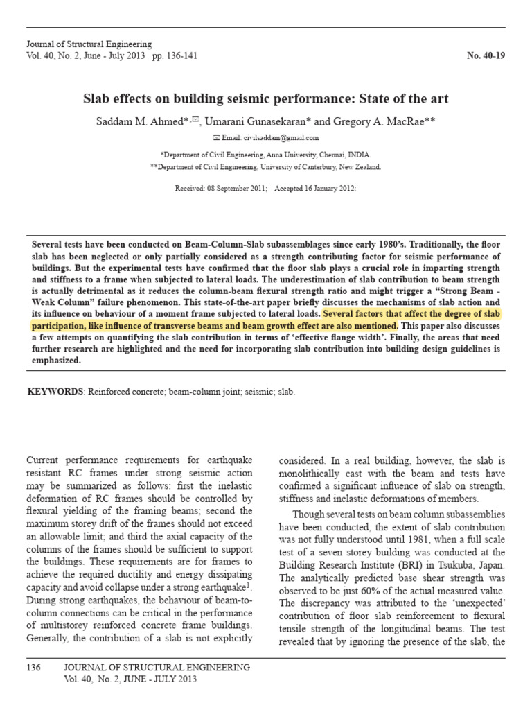 Slab Effects On Building Seismic Performance State of The Art | PDF ...