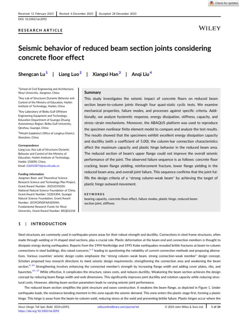Structural Design Tall Build - 2024 - Lu - Seismic Behavior of Reduced ...