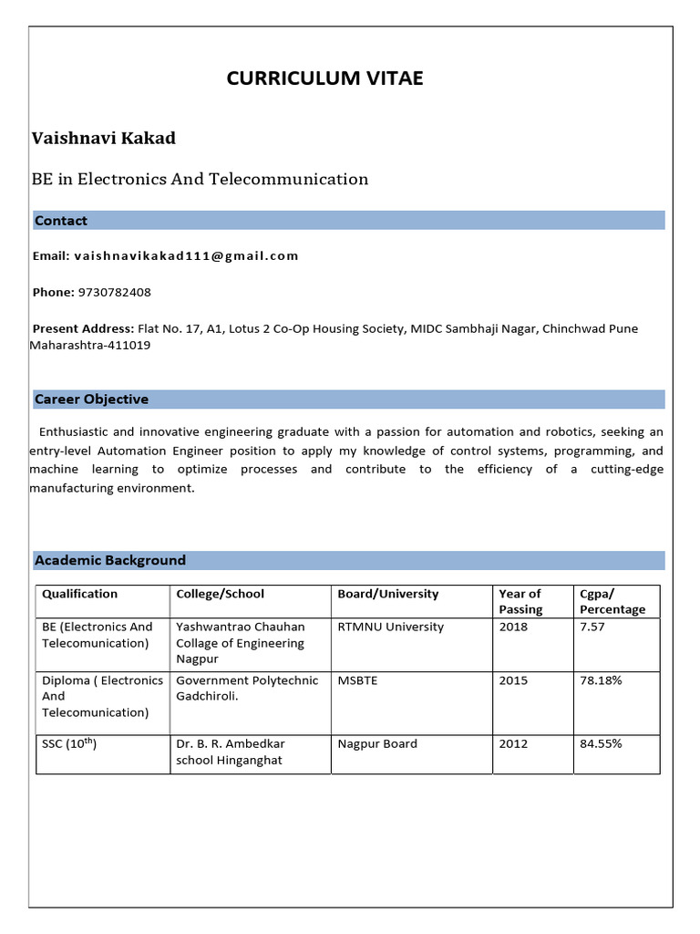 CV Vaishnavi Kakad-3 | PDF | Programmable Logic Controller | Automation