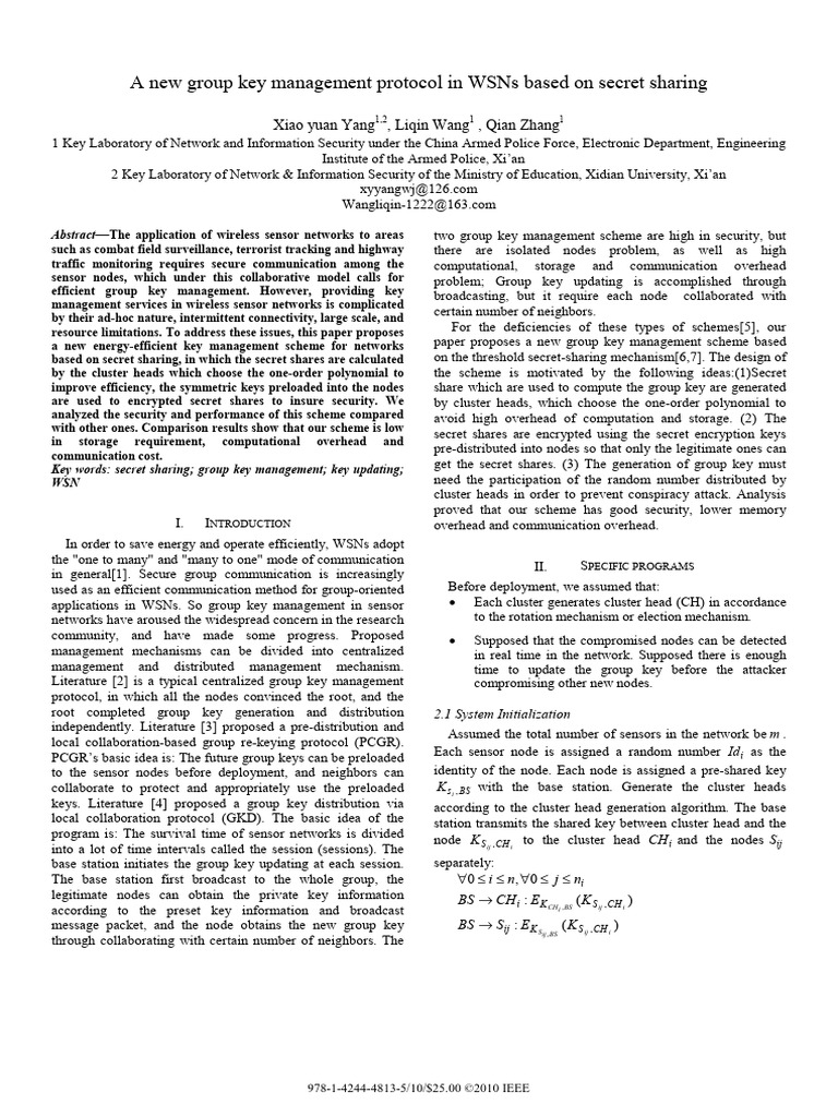 A New Group Key Management Protocol in WSNs Based On Secret Sharing | PDF | Wireless Sensor ...
