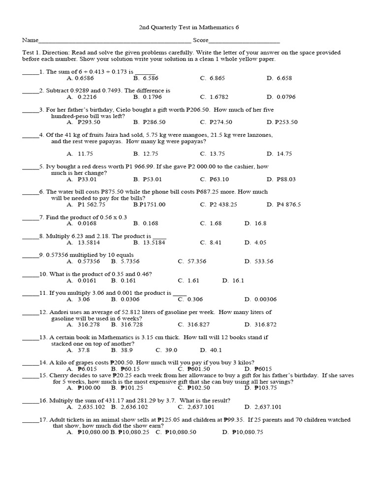 Pt Mathematics 6 Q2 Pdf Teaching Methods And Materials Home And Garden