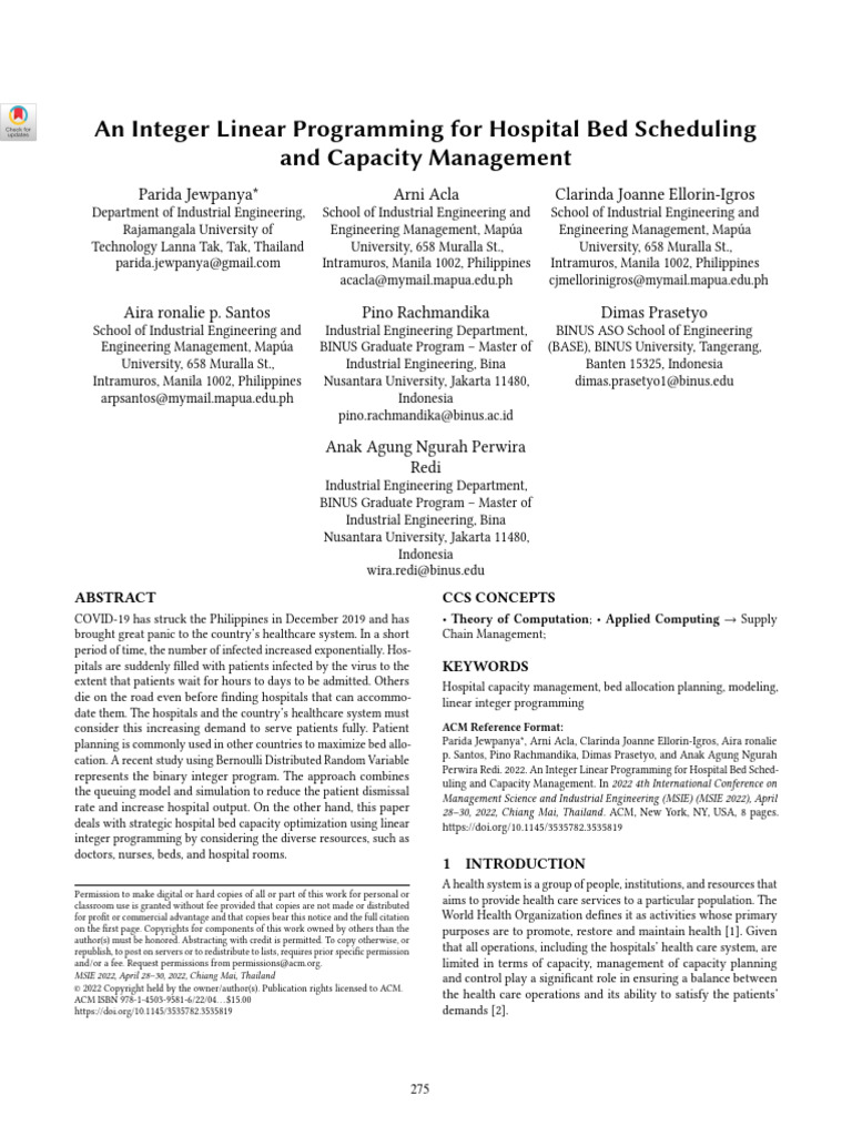 An Integer Linear Programming For Hospital Bed Scheduling | PDF | Hospital | Surgery