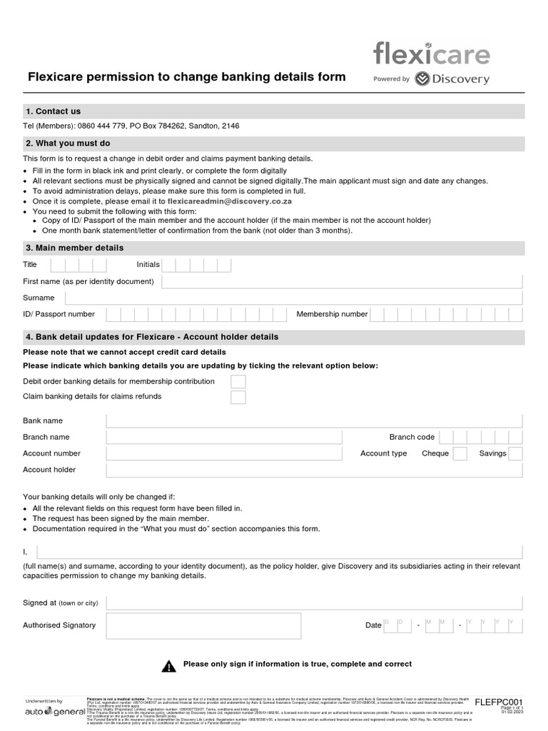 Flexicare Permission To Change Banking Details Form For Claims Purposes | PDF | Identity ...