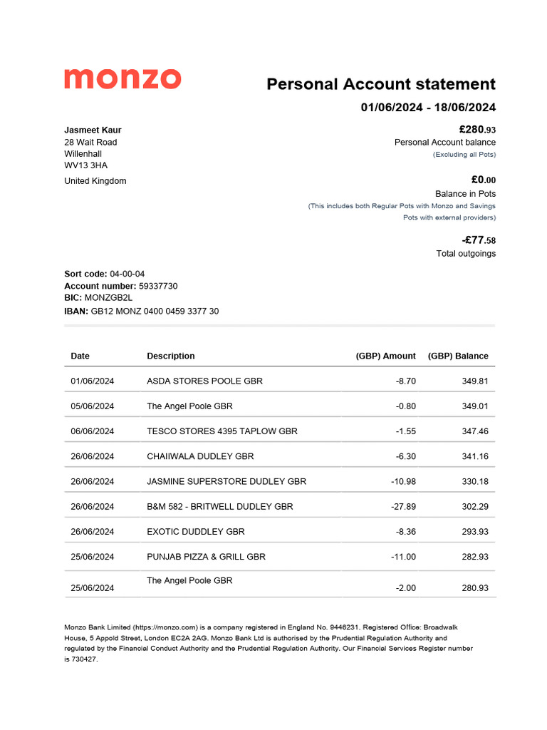 Monzo - Bank - Statement - 2024 06 01 2024 06 18 - 5131 | PDF | Deposit ...