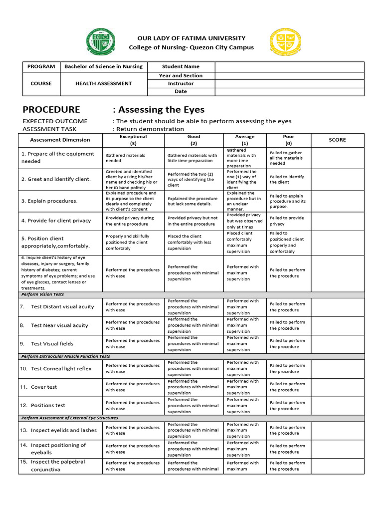 QC RUBRIC Assessment of Eyes 1 | PDF | Medical Specialties | Ophthalmology