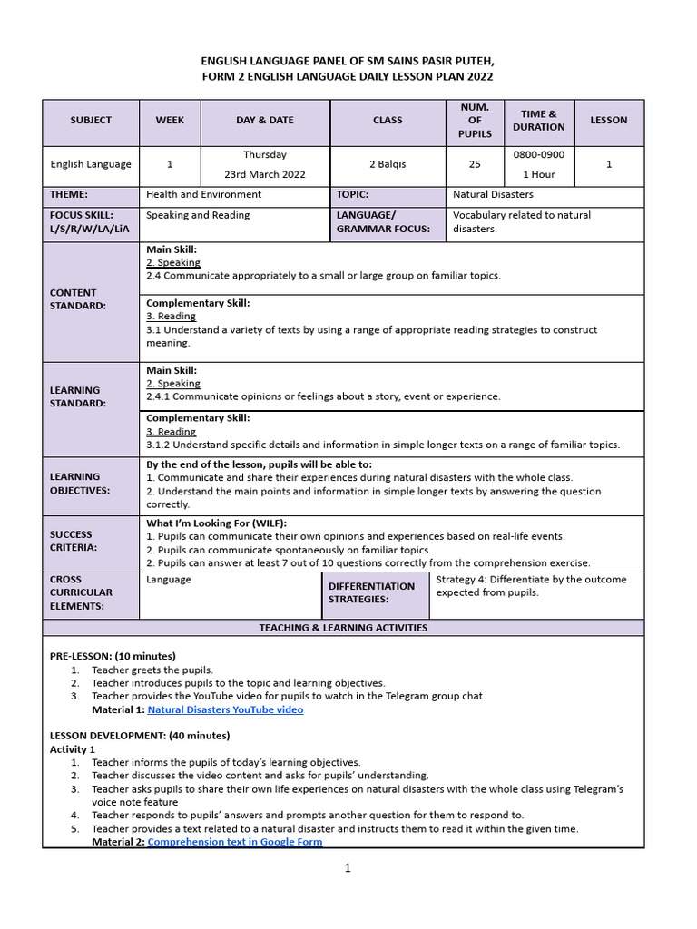 Form 2 English Lesson 1.Docx | Download Free PDF | Reading ...