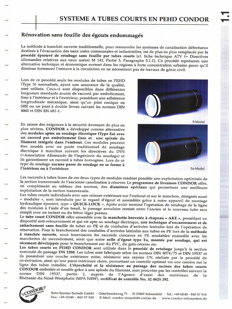 Systeme a tubes courts en PEHD Condor | PDF