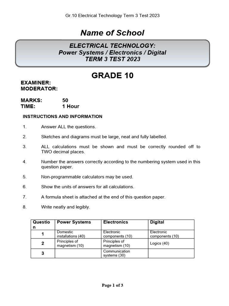 Gr10 Electrical Technology Term 3 Test Template 2023 - ENG | Download ...