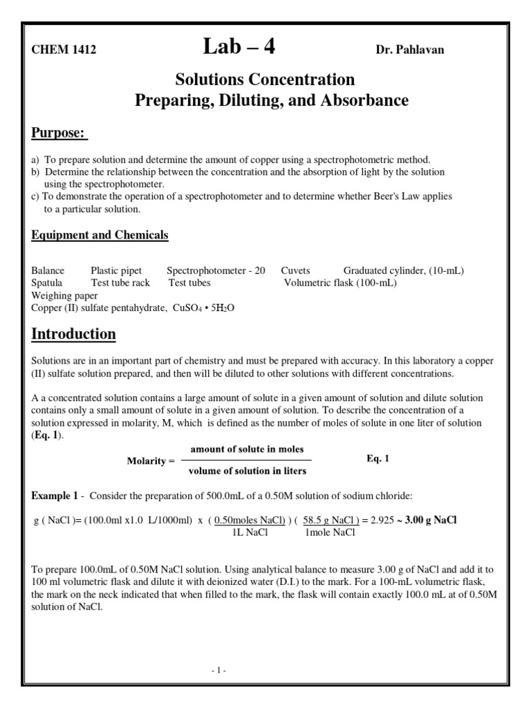 Lab 4 - Molarity - Dilution - and Preparing Solution | PDF | Absorbance ...