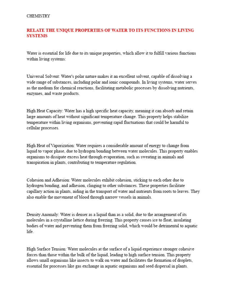 Relate The Unique Properties of Water To Its Functions in Living ...