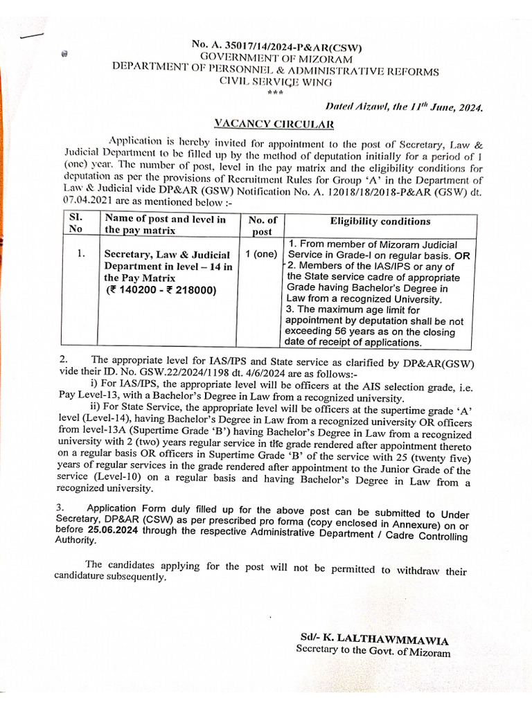 Posts 1408 Secretary Law Judicial Vacancy Circular | PDF