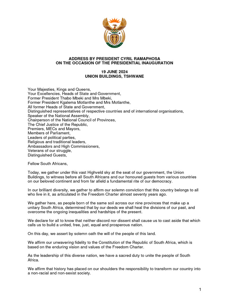 Ramaphosa's 2024 Inauguration Speech | PDF | Democracy | Political ...
